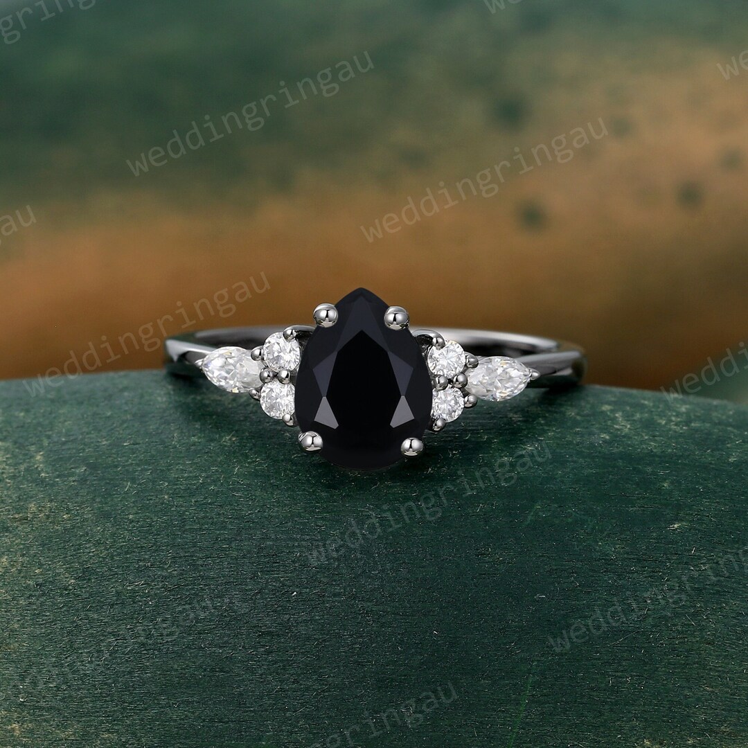 Pear Shaped Black Onyx Ring Unique Black Gold Engagement Ring Marquise ...