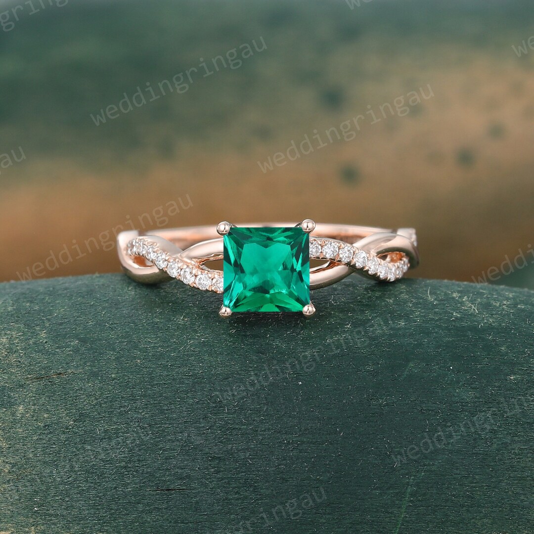 Princess Cut Emerald Ring Vintage Rose Gold Engagement Ring Moissanite ...