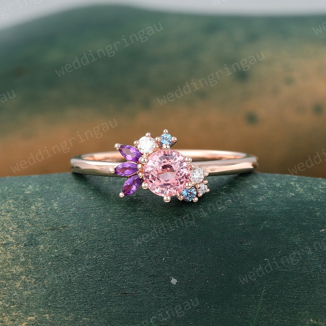 Dainty Lab Pink Sapphire Engagement Ring Unique 14k Rose Gold Cluster ...