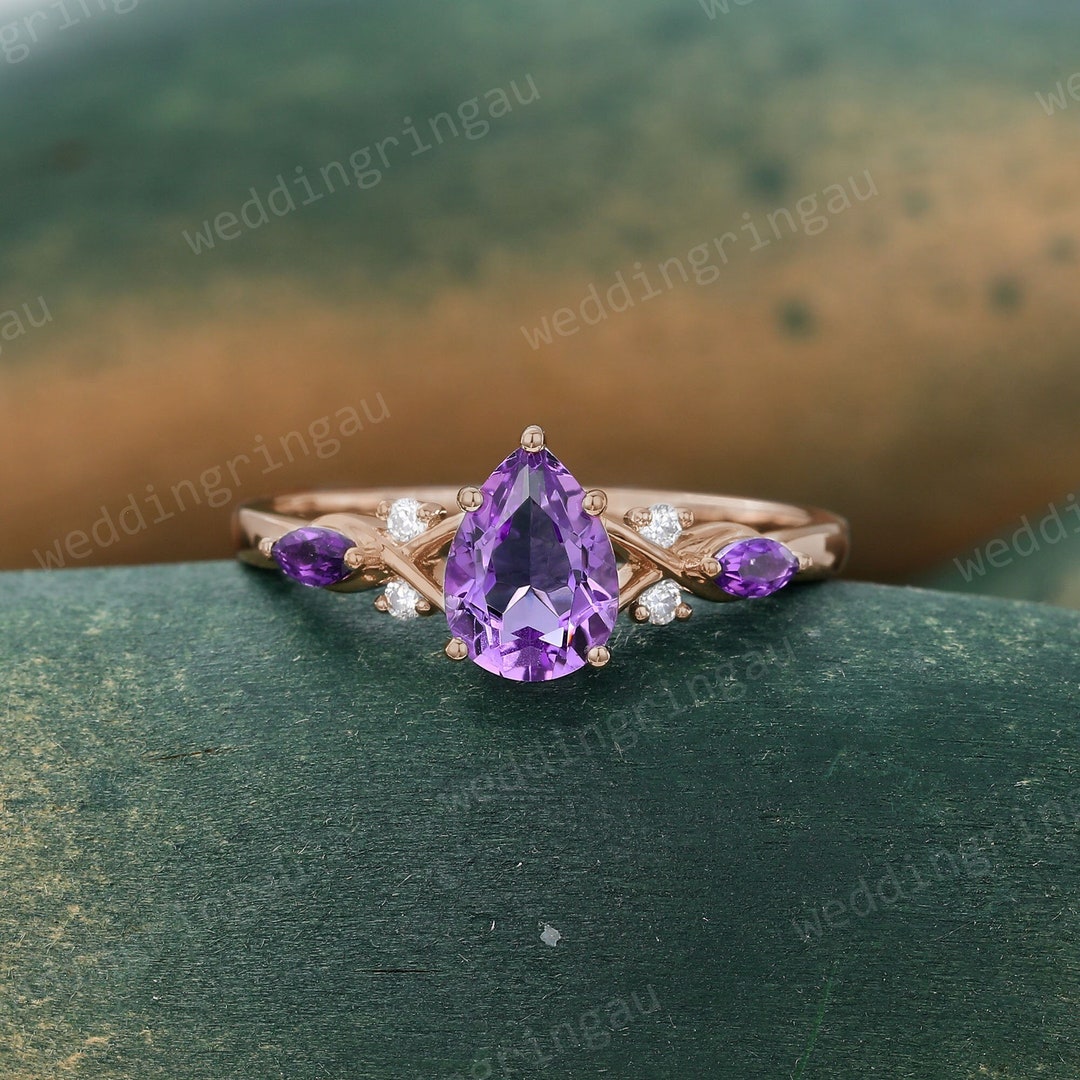 Pear Shaped Amethyst Engagement Ring Unique Rose Gold Ring Marquise Cut ...