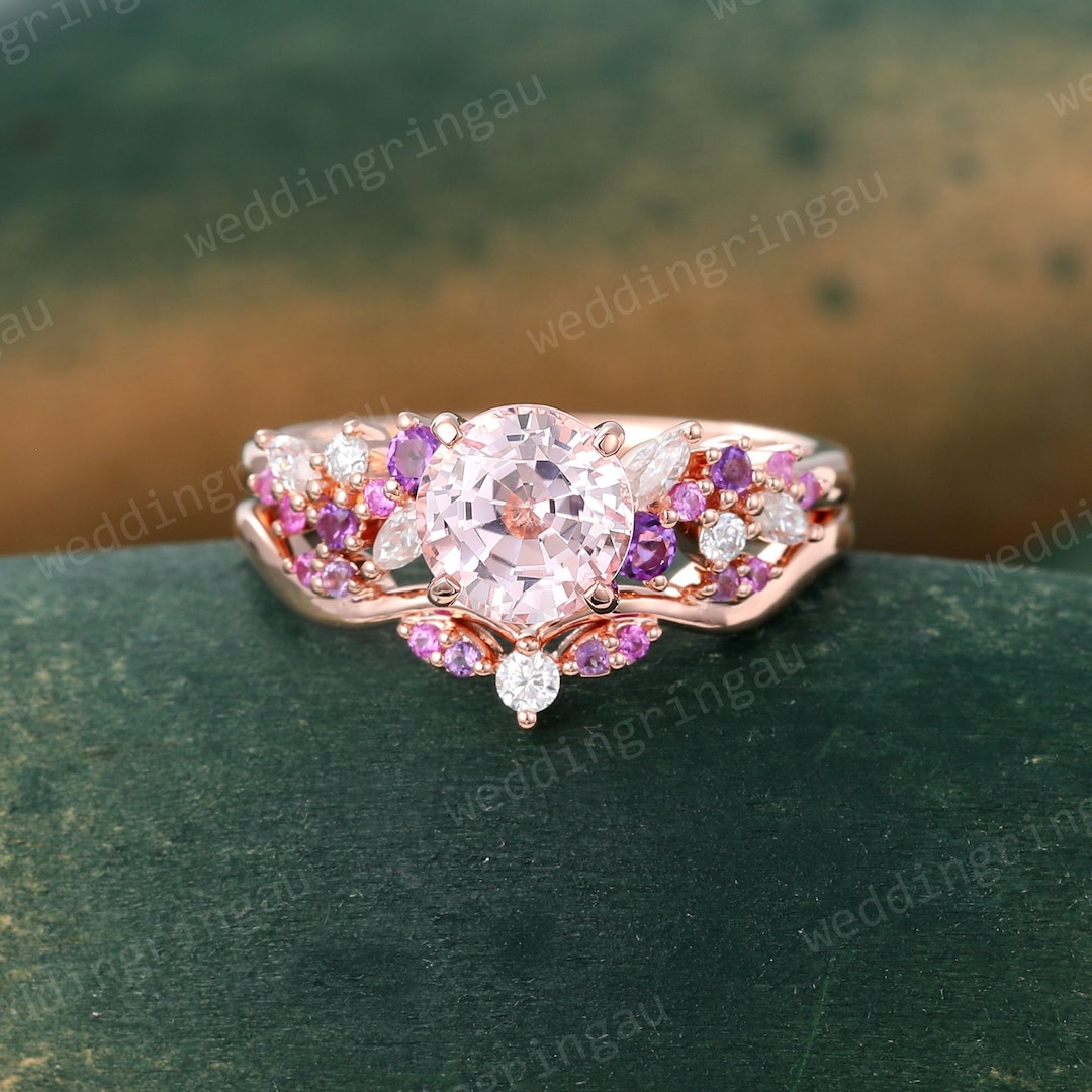 Round Lab Pink Sapphire Engagement Ring Set Vintage Rose Gold Bridal ...
