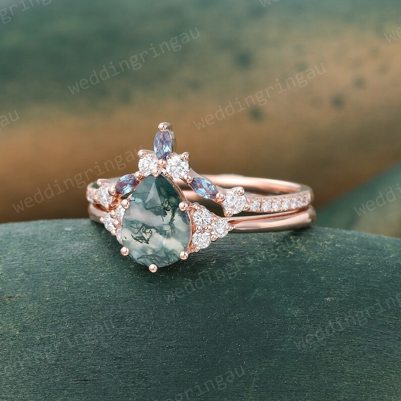 Pear Shaped Moss Agate Engagement Ring Set Vintage Rose Gold - Etsy Australia