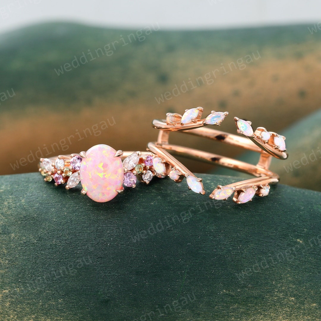 Pink Opal Engagement Ring Set Vintage Rose Gold Oval Cut Opal Ring Set Peridot Ring Pink ...