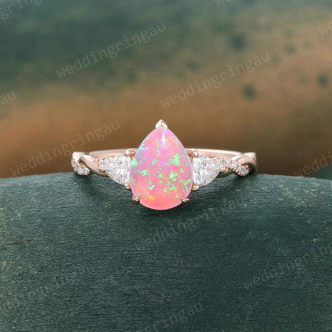 Pear Shaped Pink Opal Ring Vintage Rose Gold Engagement Ring Trillion Cut Moissanite Infinity ...