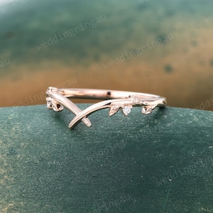 Elvish Diamond Wedding Band Unique Rose Gold Curved Wedding Band Nature ...