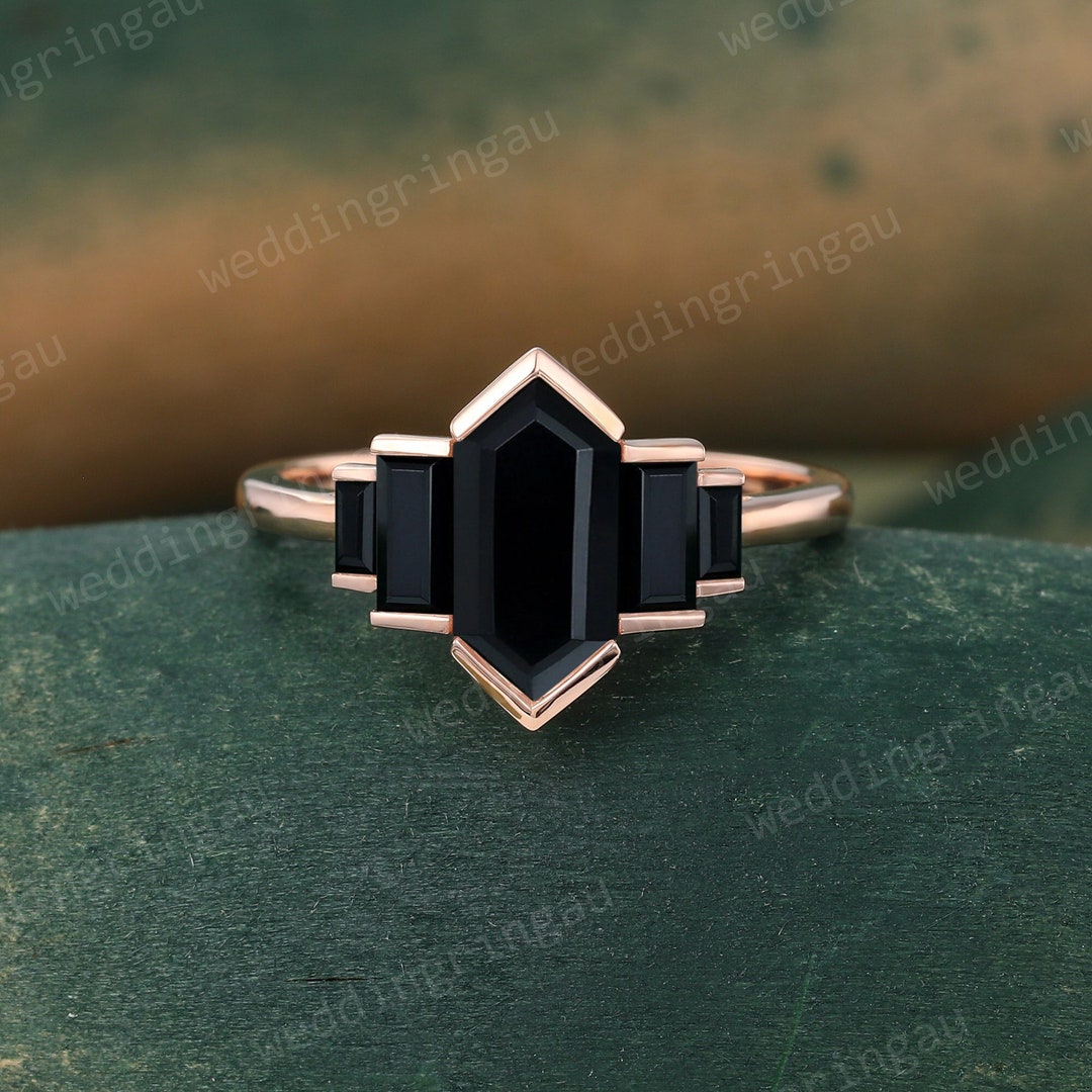 Hexagon Cut Black Onyx Ring Unique Rose Gold Engagement Ring Black ...
