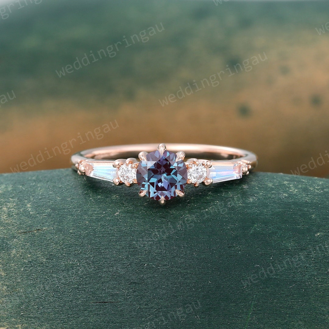 Round Cut Alexandrite Engagement Ring Rose Gold Ring Baguette Cut ...