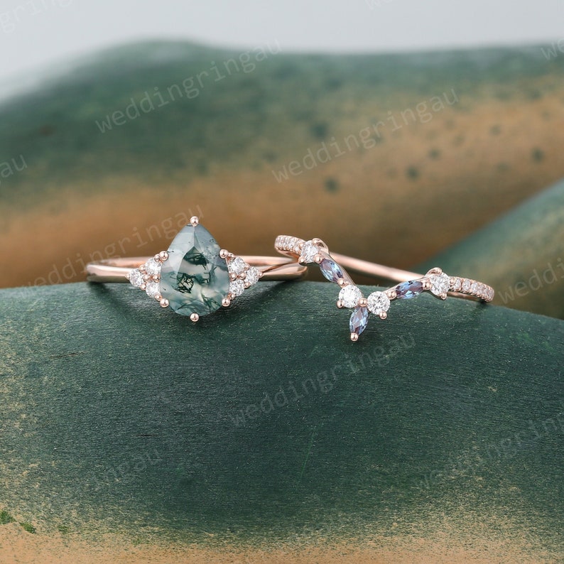 Pear Shaped Moss Agate Engagement Ring Set Vintage Rose Gold - Etsy Australia