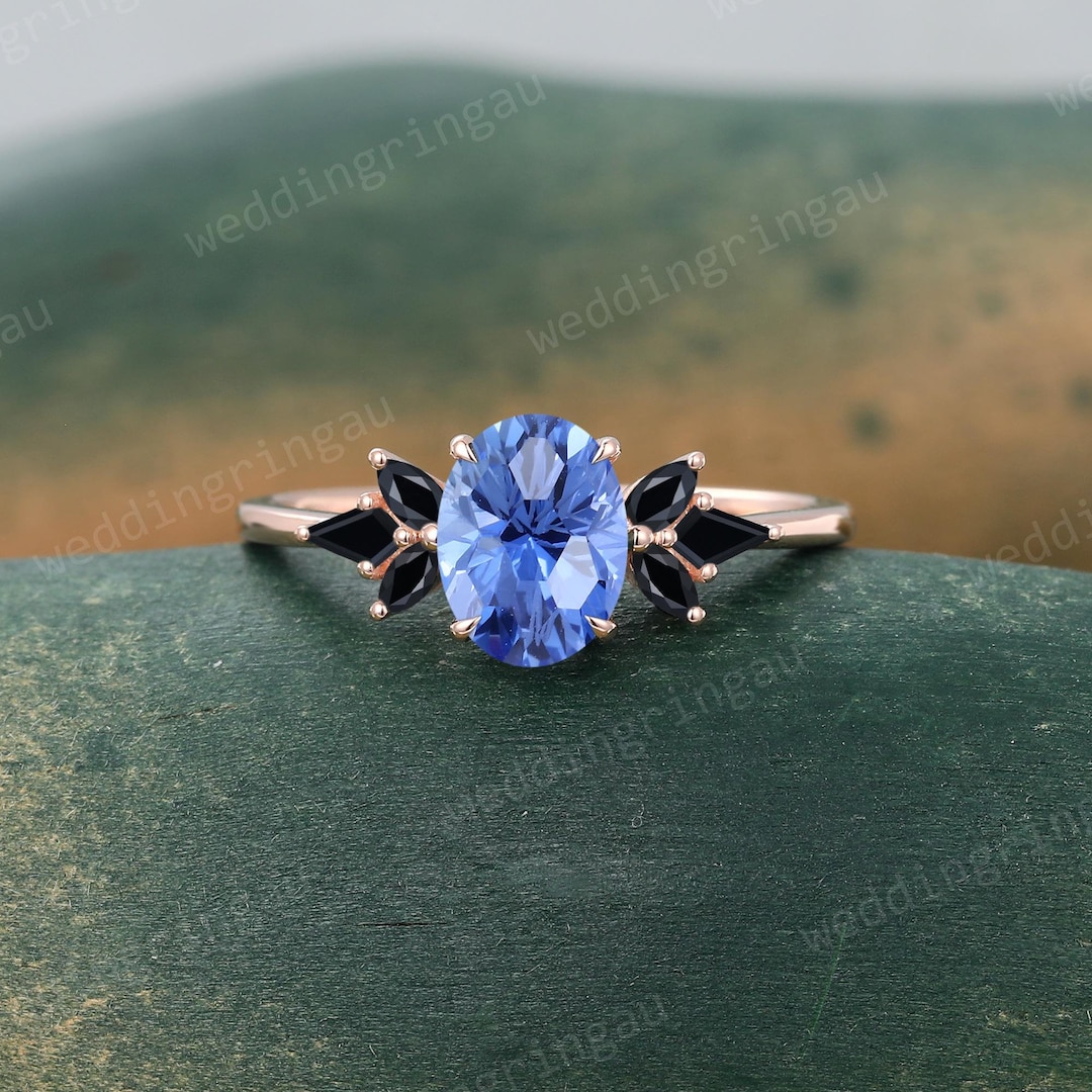 Firework Cut Blue Sapphire Ring Vintage Rose Gold Oval Sapphire ...