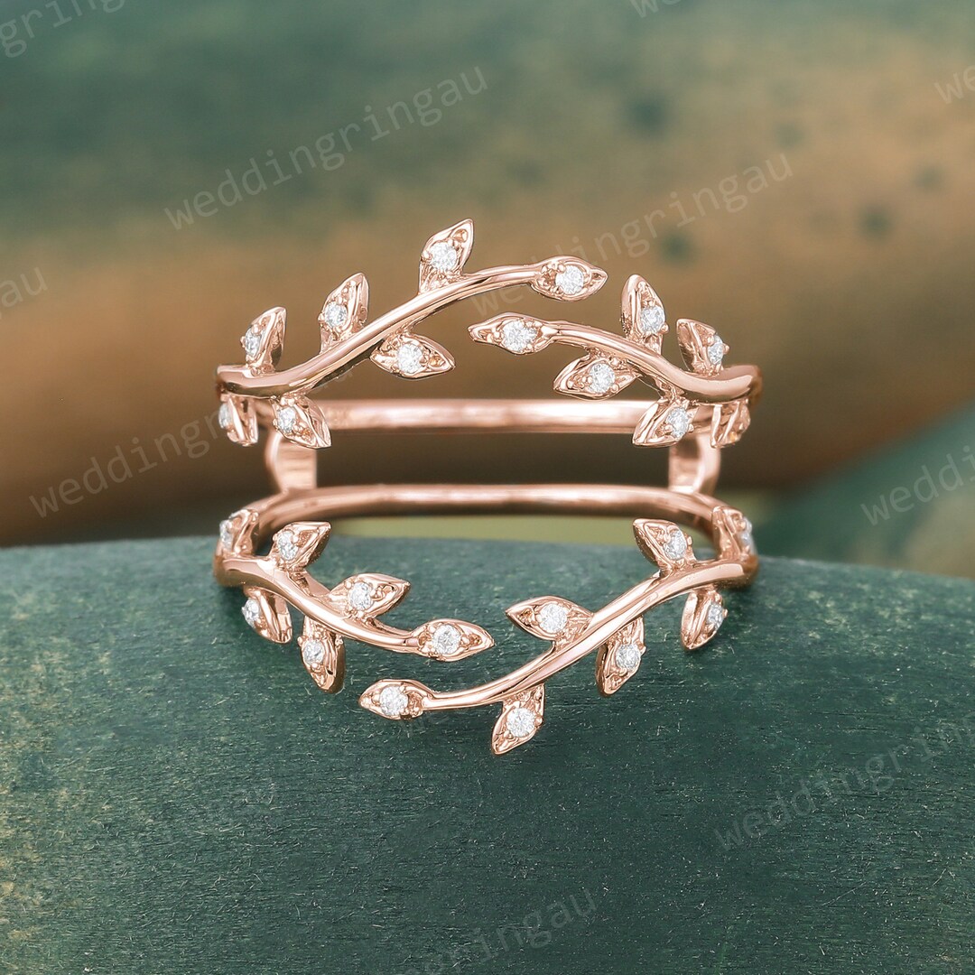 Moissanite Leaf Wedding Band Enhancer Wraps Solid 14k Rose Gold Cluster ...