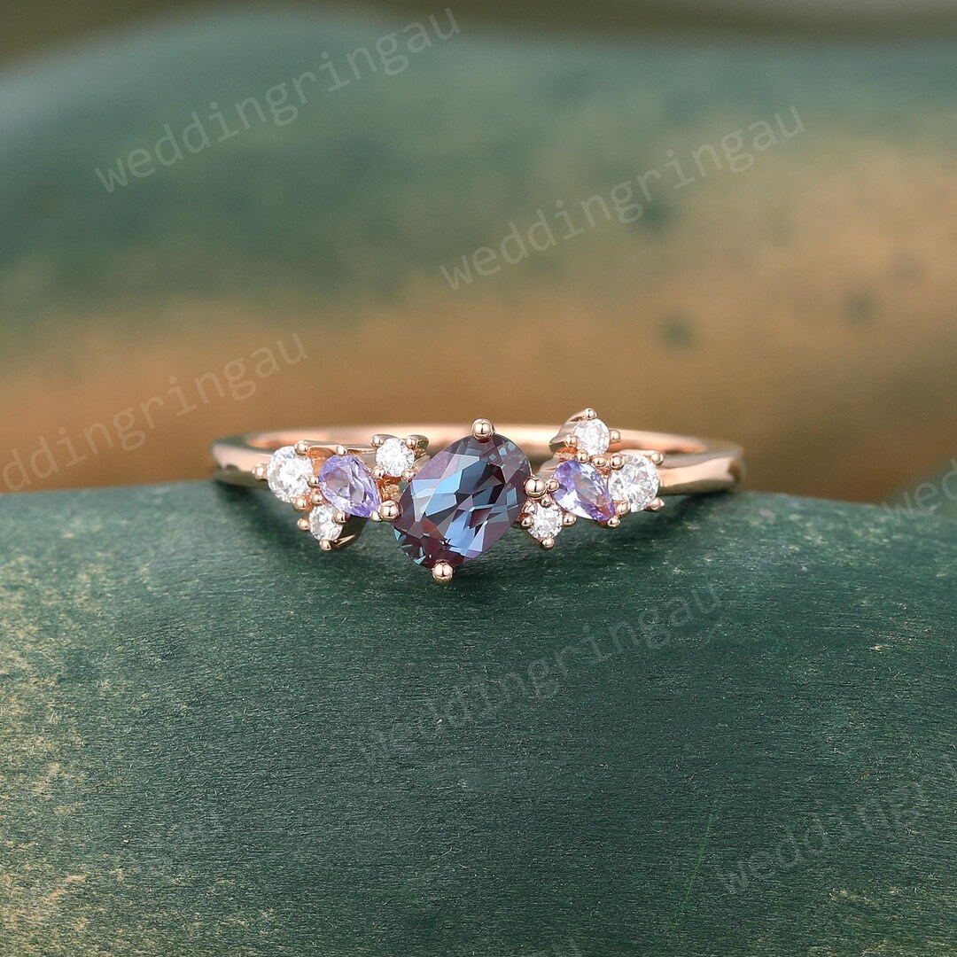 Oval Cut Alexandrite Engagement Ring Unique Rose Gold Pear Cut ...