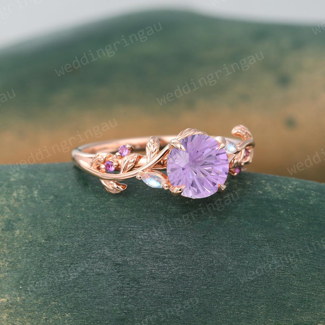 Firework Cut Lavender Amethyst Ring Vintage Rose Gold Leaf Engagement ...
