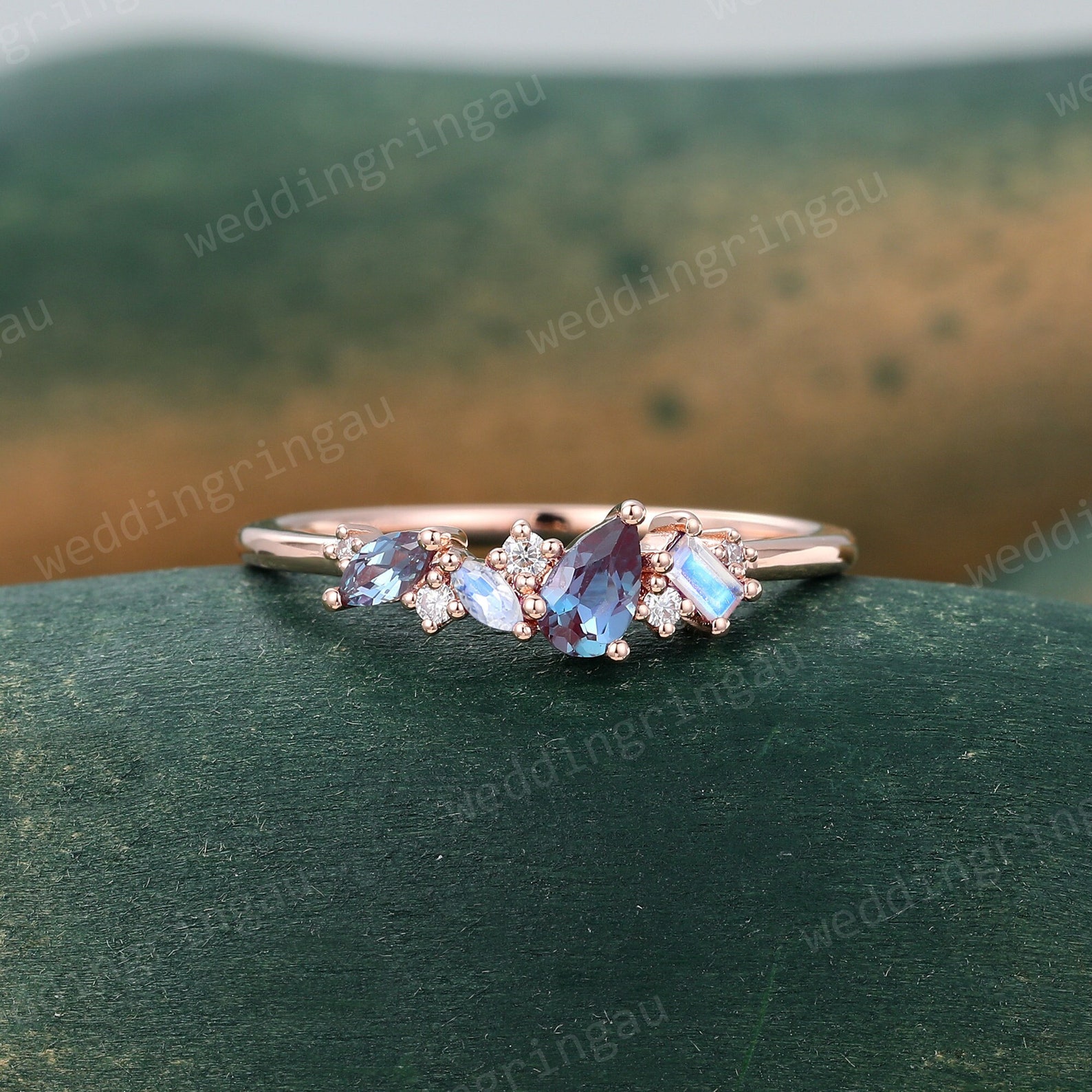 Cluster Alexandrite Wedding Band Unique Rose Gold Baguette Cut ...