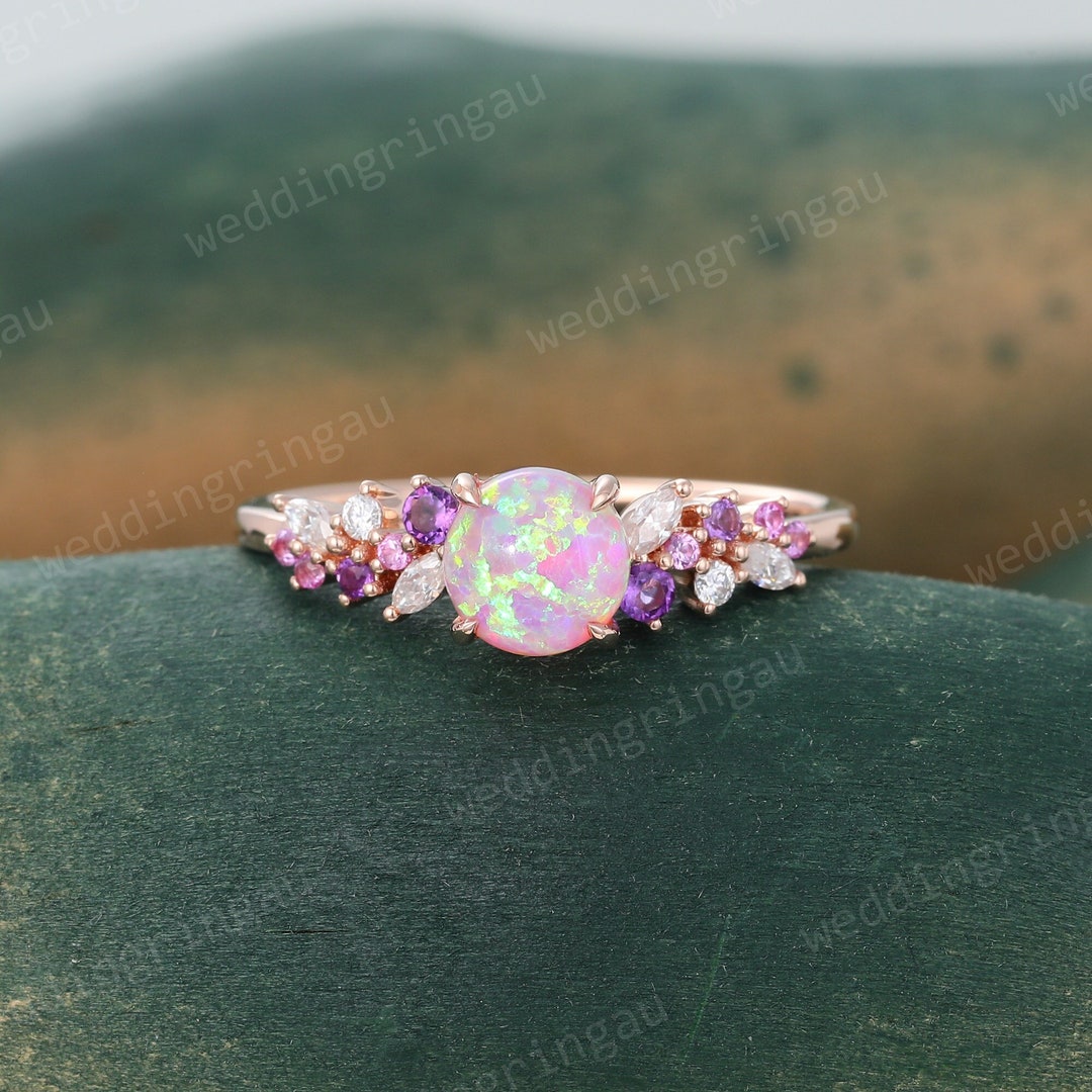 Pink Fire Opal Ring Unique Rose Gold Cluster Engagement Ring Round Cut ...