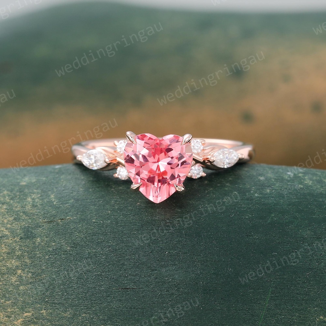 Unique Heart Cut Pink Sapphire Ring Rose Gold Engagement Ring Marquise ...