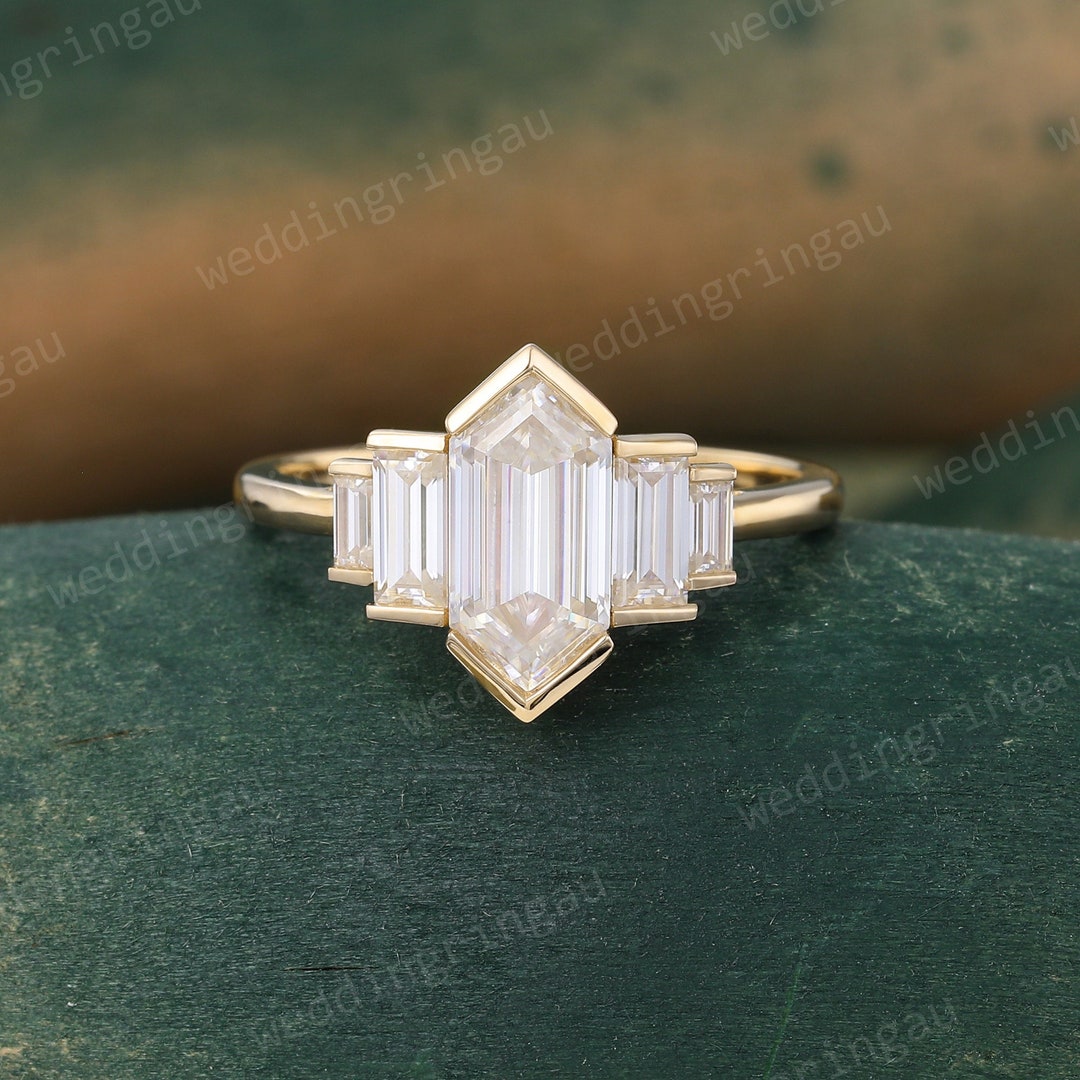 Hexagon Cut Moissanite Engagement Ring Unique Yellow Gold Bezel Set ...