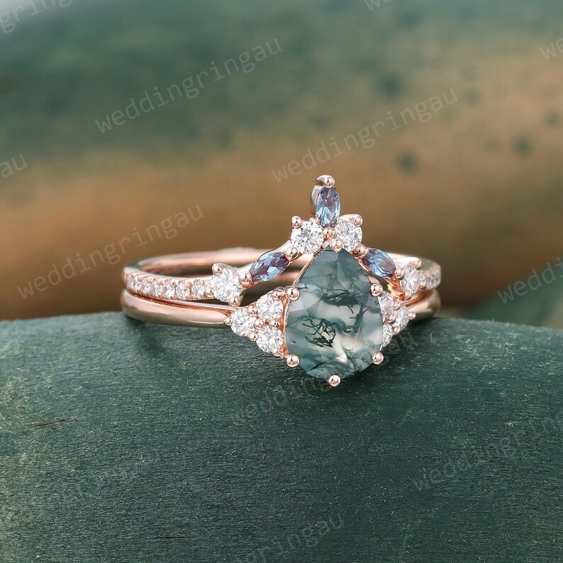 Pear Shaped Moss Agate Engagement Ring Set Vintage Rose Gold - Etsy Australia