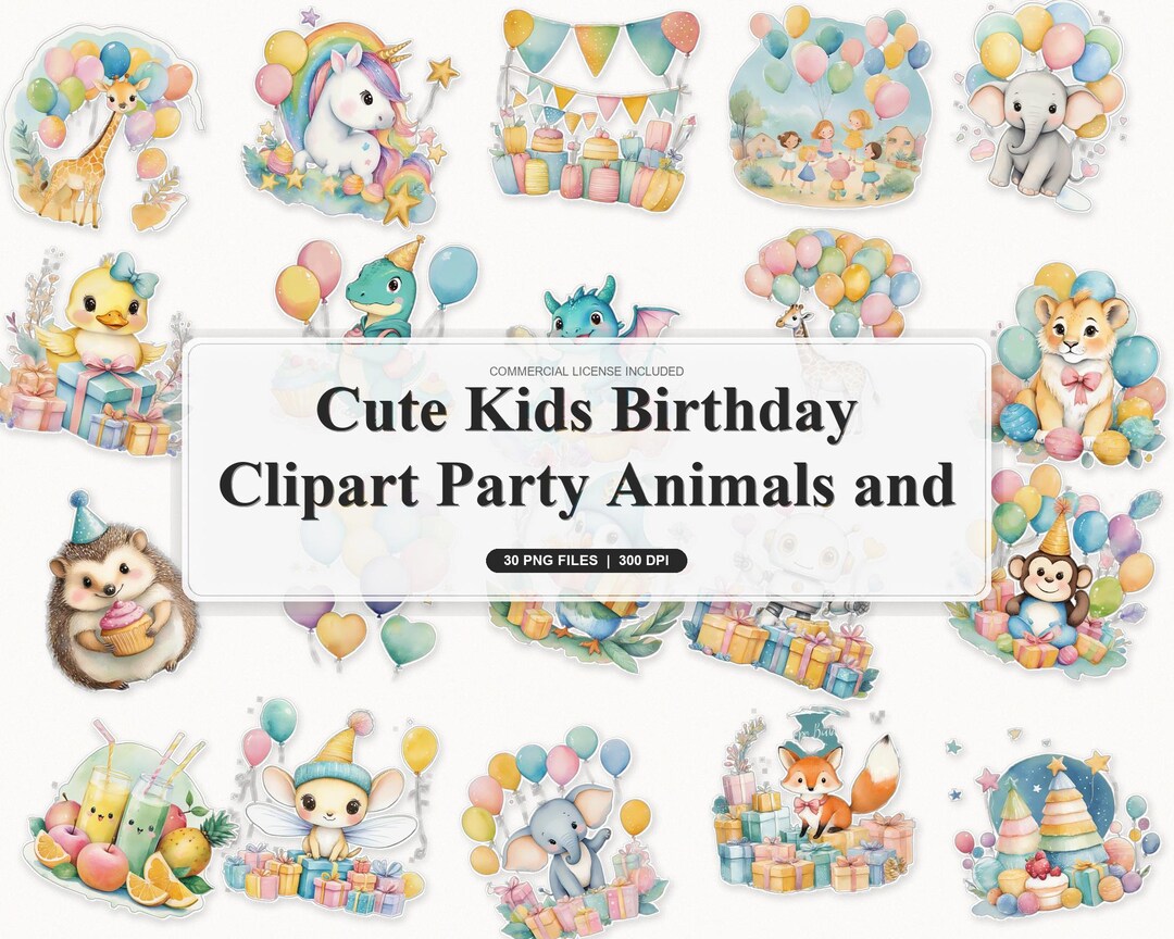Kids Birthday Animal Clipart: Party PNG Files (digital Download) - Etsy
