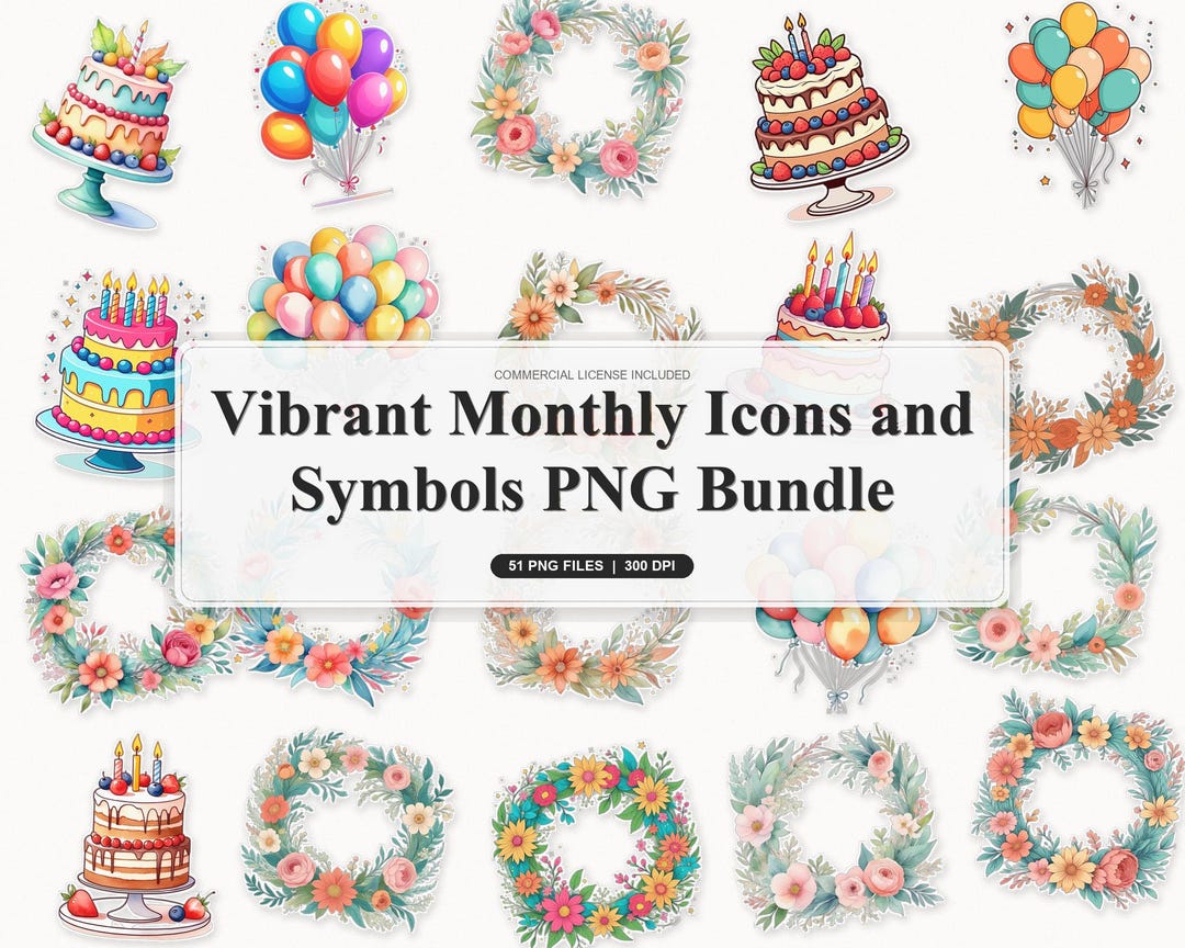 50 Vibrant Monthly Icons and Symbols PNG Bundle | Digital Art for ...