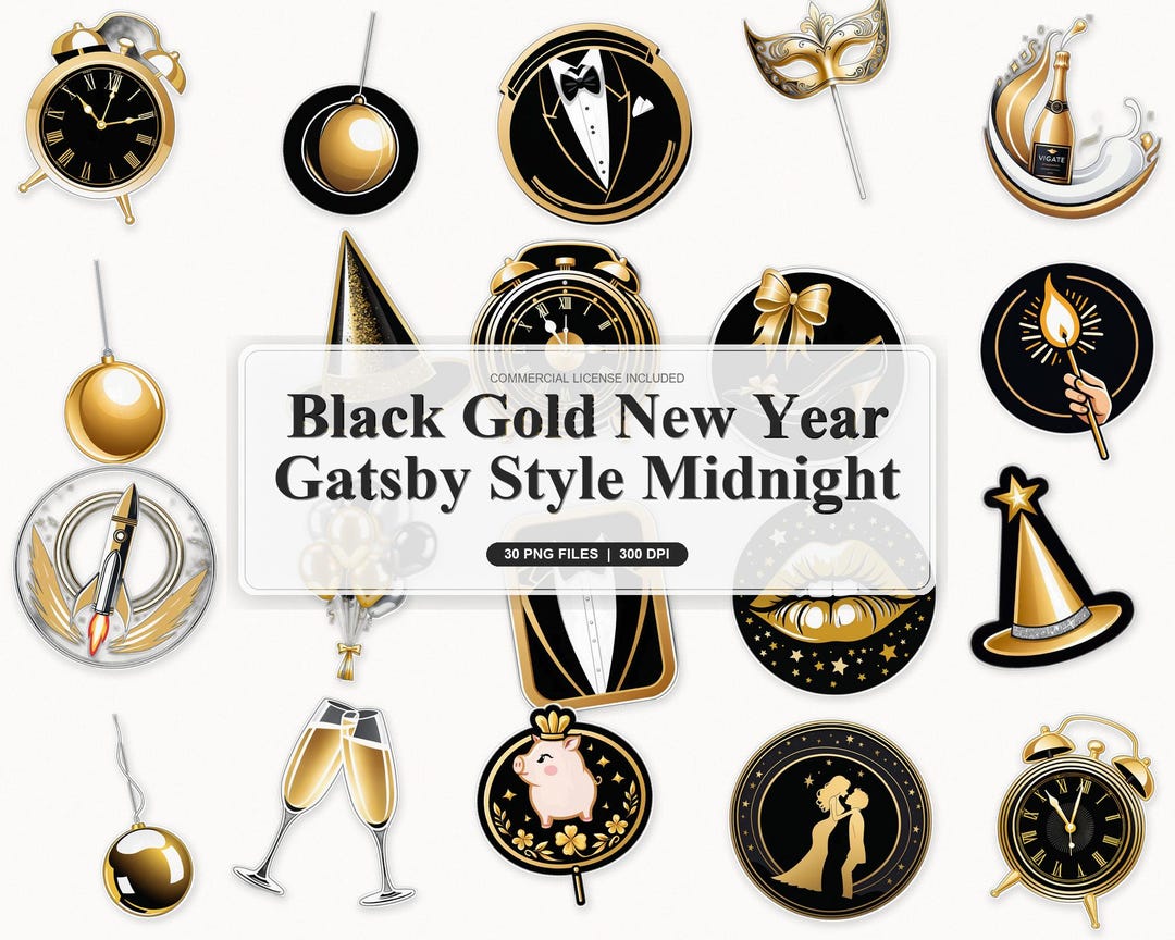 30 Scalable SVG Files New Year Gatsby Set: Elegant Black Gold - Roaring ...
