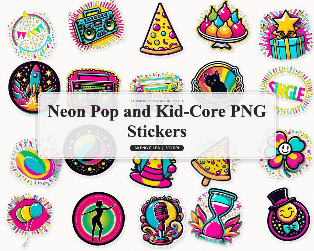 Kid-core Neon Stickers, Playful Party Animals (30 Pngs Digital) - Etsy