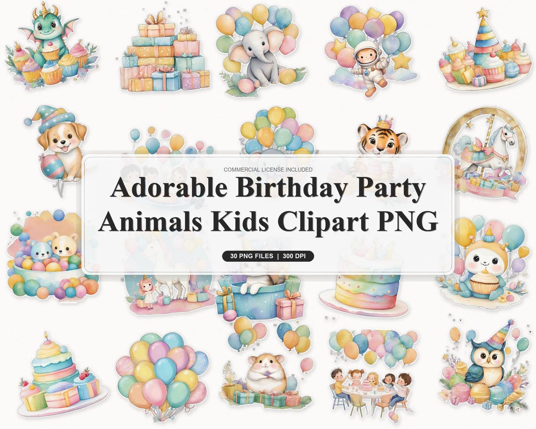 Birthday Animals Clipart – 30 Cartoon PNG Illustrations, Kids Party ...
