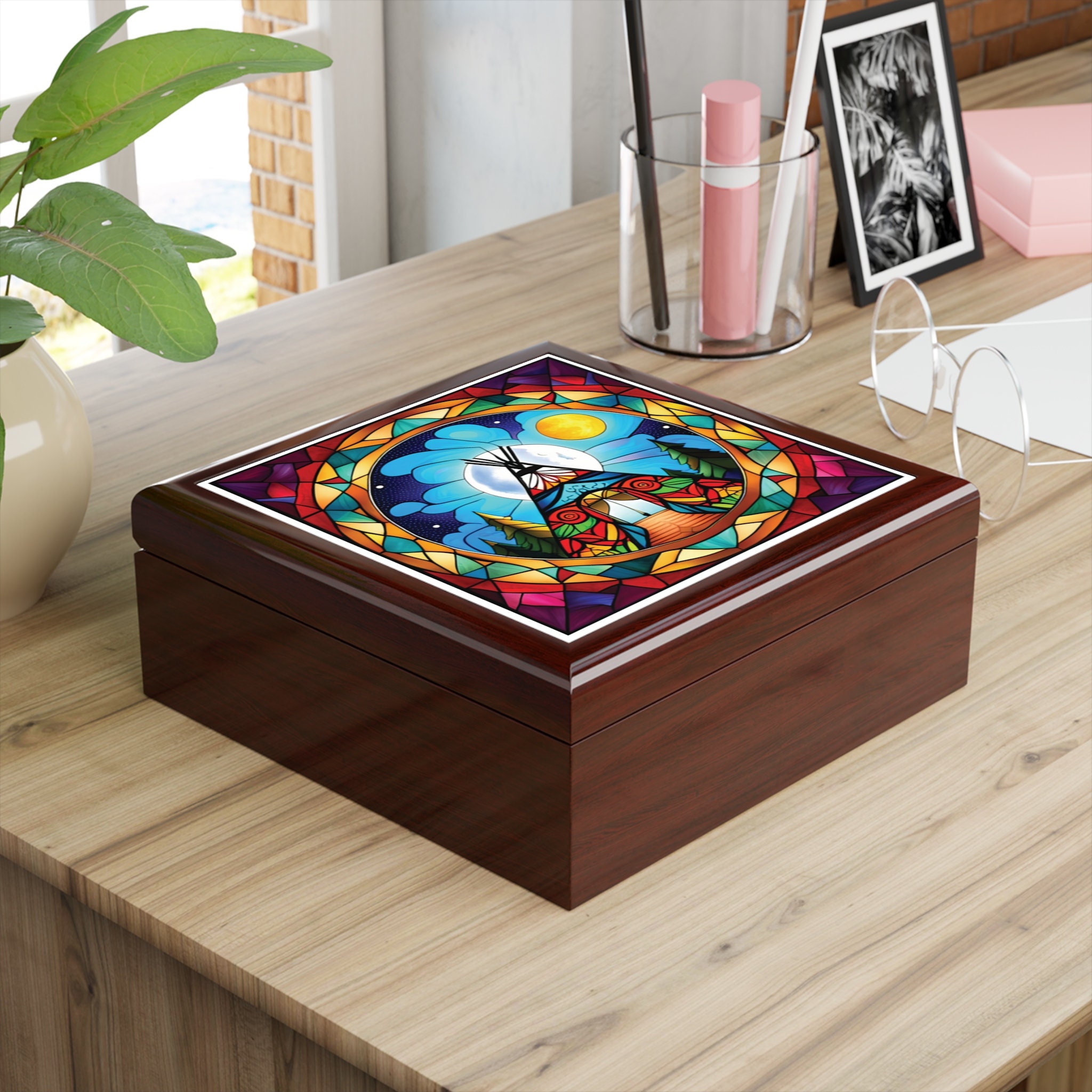 Stained Glass Indigenous Art Design Jewelry Box Native American Graphic ...