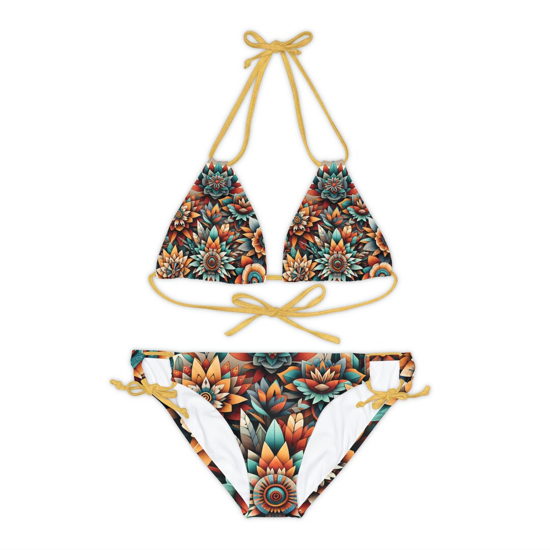 Indigenous Floral Art Strappy Bikini Set First Nations Swimwear Native ...