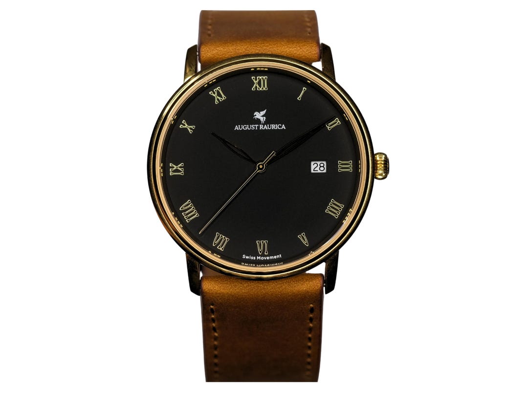 Black Gold Roman Numeral Wrist Watch – Leather Strap Brown Strap ...