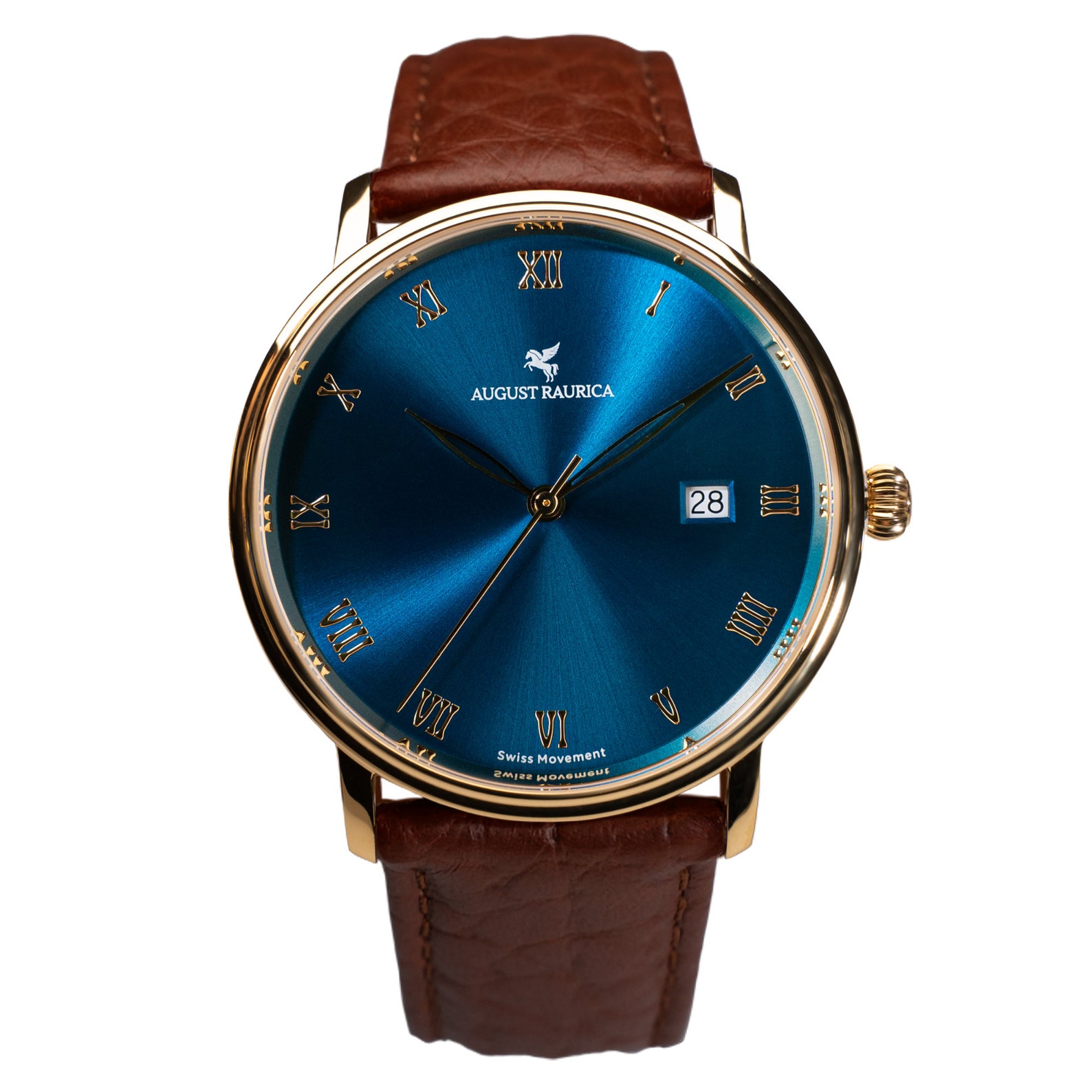 Reloj con esfera azul: movimiento suizo, piel italiana, acero grabado ...