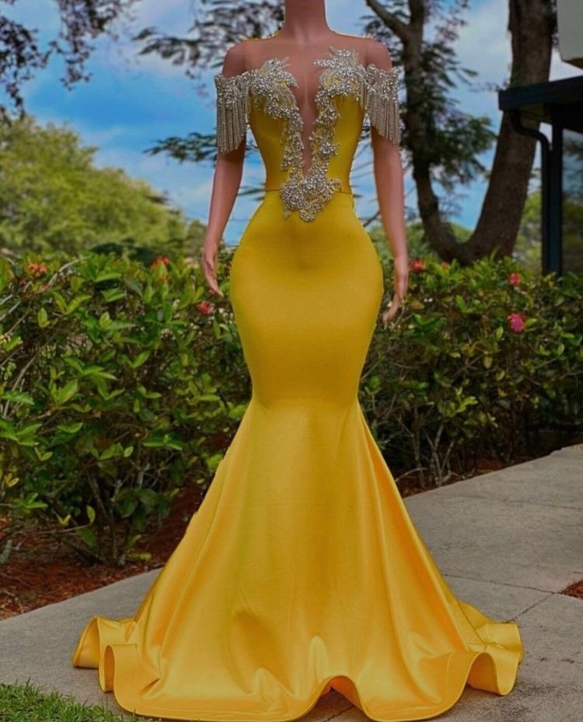 Yellow Embellished Trumpet Satin Mermaid Prom, Evening Dress, Wedding ...