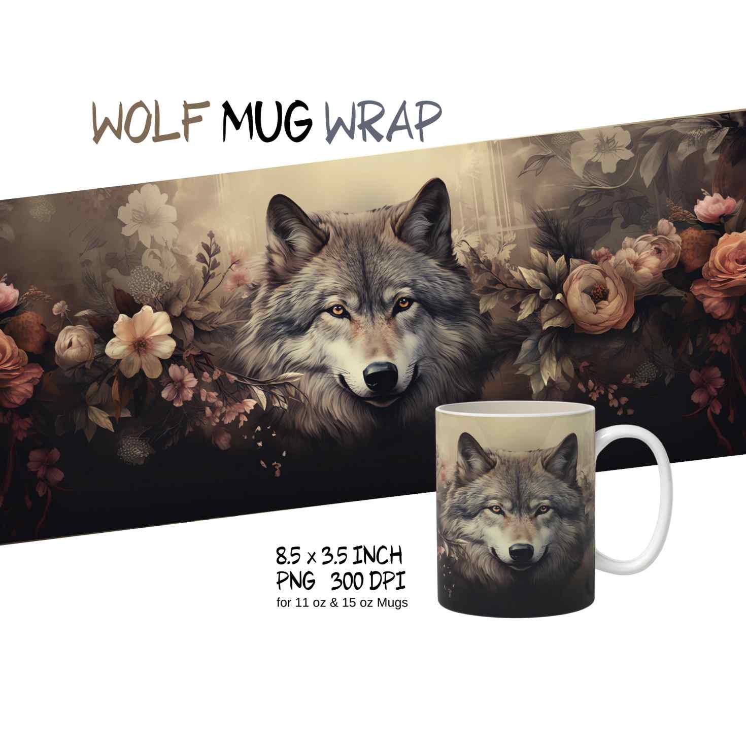 Vintage Wolf Mug Wrap Design Png, Sublimation Coffee Cup Template, Wolf ...