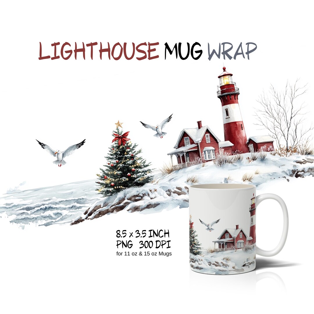 Lighthouse Watercolor Mug Wrap Design Png, Lighthouse Mug, Lighthouse ...