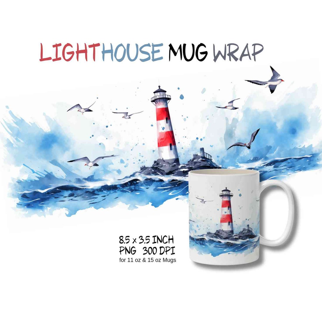 Lighthouse Watercolor Mug Wrap Design Png, Lighthouse Mug, Lighthouse ...