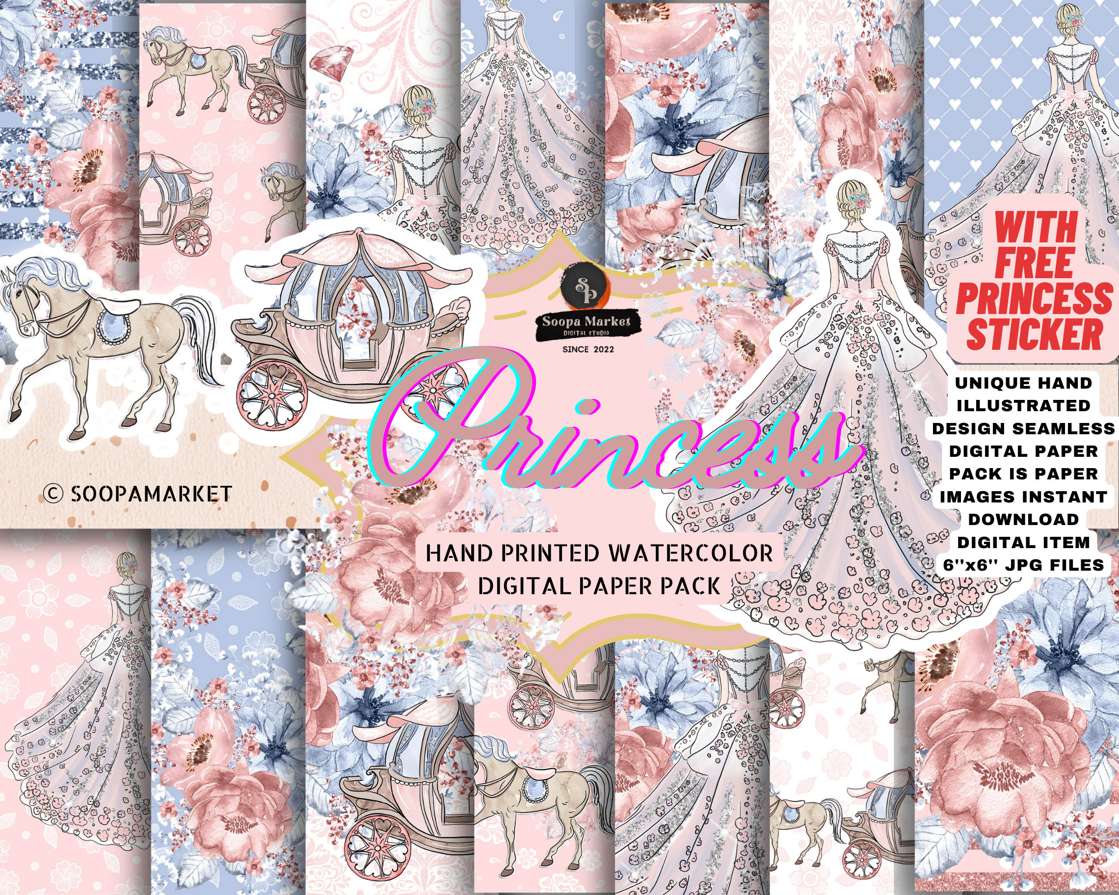 Princess Digital Paper With Free Princess Sticker Princess - Etsy