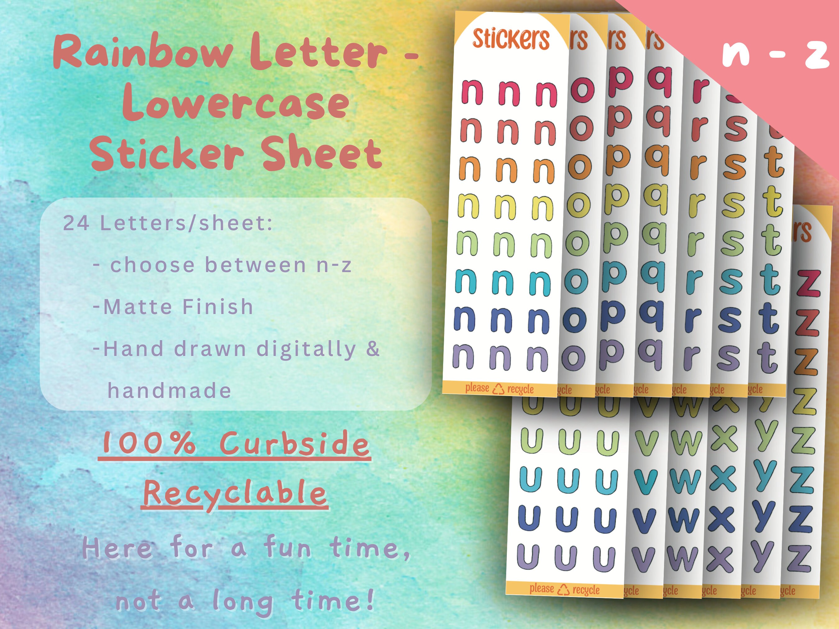 Lowercase Alphabet Sticker Sheet for Kids Rainbow, Crafting Stickers ...