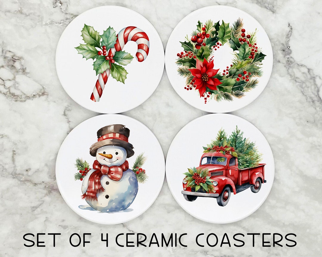 Christmas Design Ceramic Coaster Set, Holiday Decor, Christmas ...