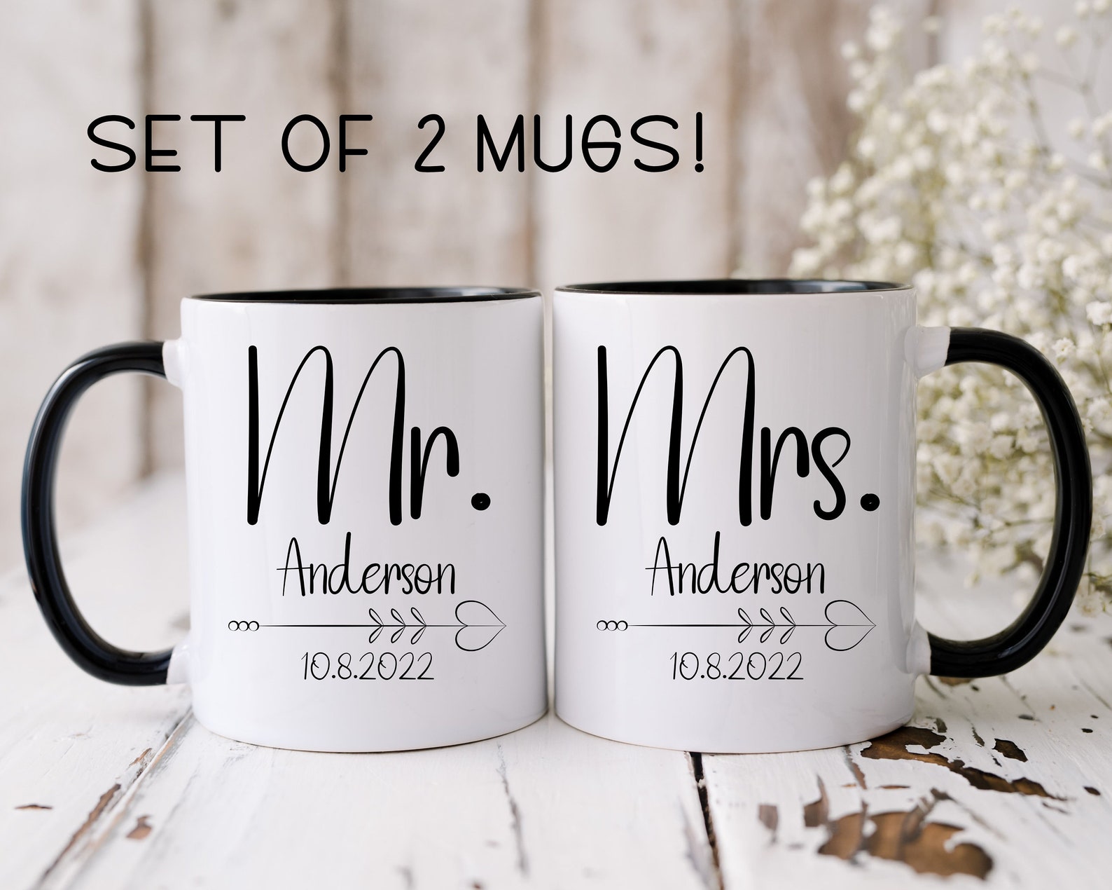 Set of 2 Mr and Mrs Mugs, Wedding Mug Set, His and Hers Mugs, Custom ...