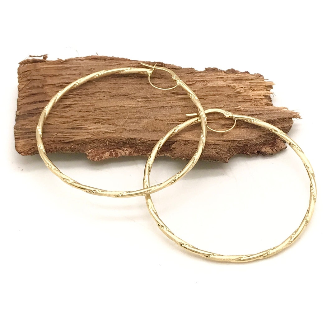 18K Yellow Gold Earrings - Polished and Matte Hoops - Handmade ...
