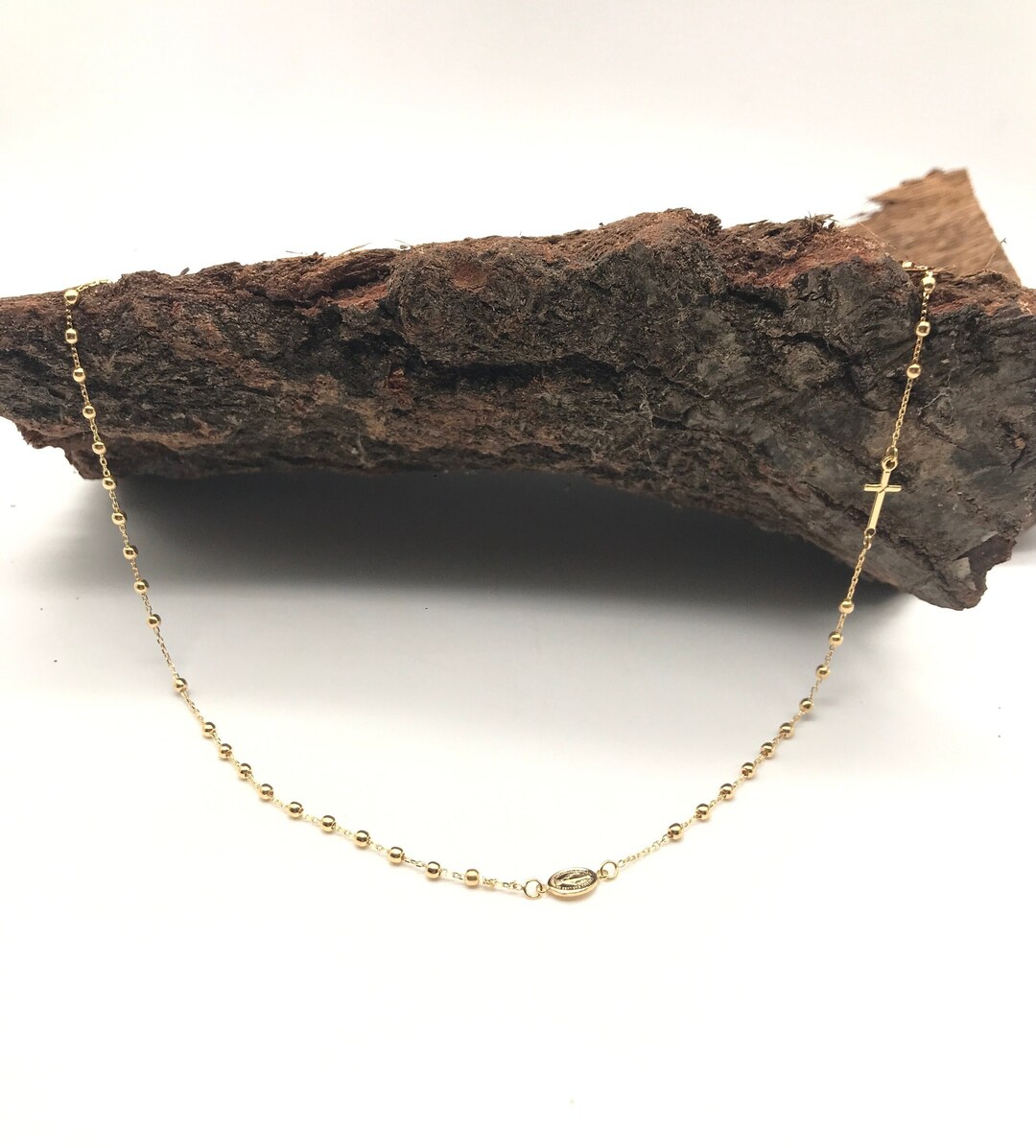 14K Yellow Gold Rosary Chain Necklace - Virgin Mary and Cross Necklace ...