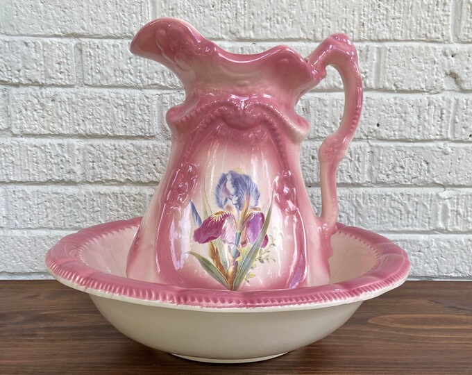 Large Vintage Pink Floral Water Wash Basin and Pitcher, Floral Pitcher ...