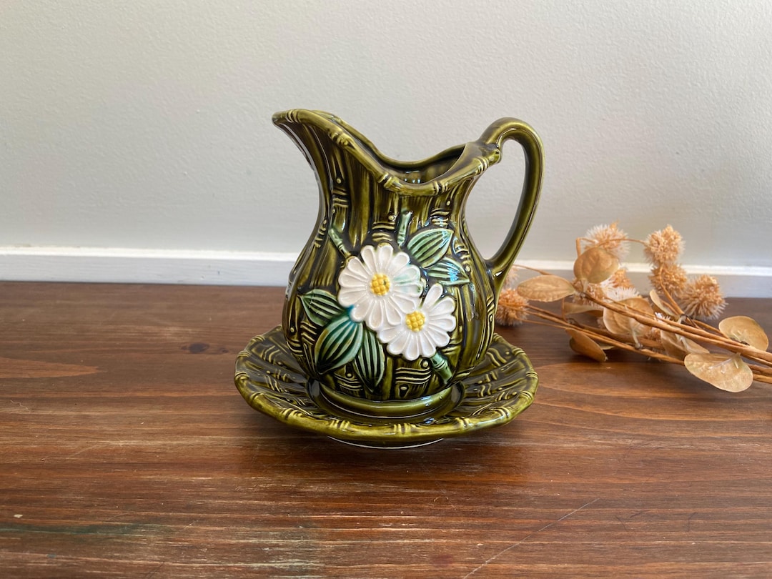 Vintage Small Avocado Green Pitcher and Basin Bowl, Enesco Japan Floral ...