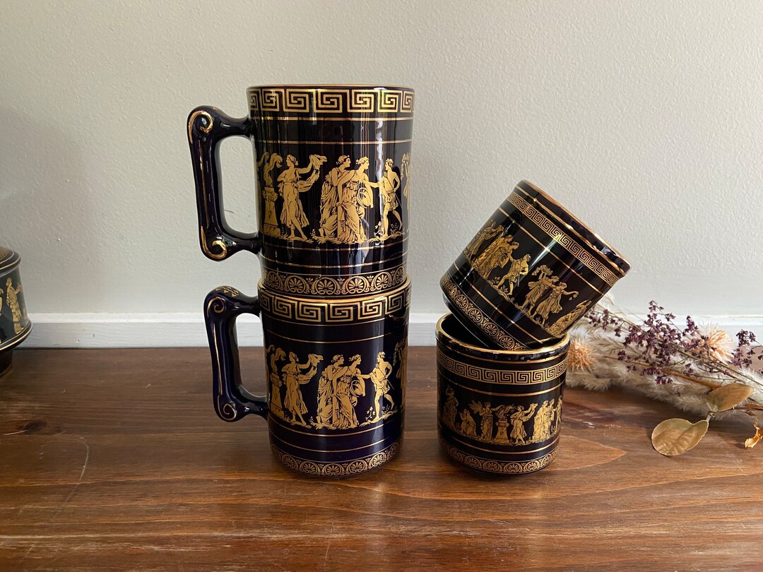 Vintage Set of 2 Black Cobalt Blue 24k Gold Greek Porcelain Mugs or ...