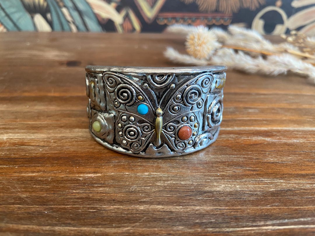 Vintage Silver Butterfly Engraved With Multi Colored Stones Bangle ...