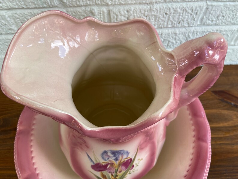 Large Vintage Pink Floral Water Wash Basin and Pitcher, Floral Pitcher ...