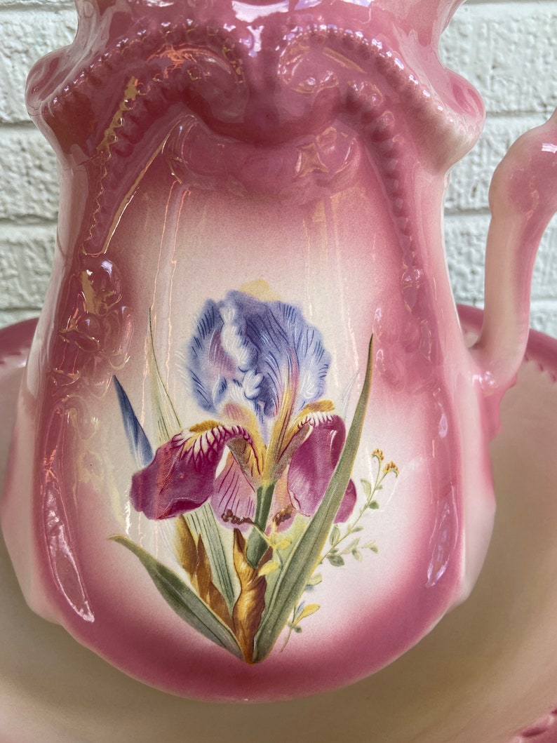 Large Vintage Pink Floral Water Wash Basin and Pitcher, Floral Pitcher ...