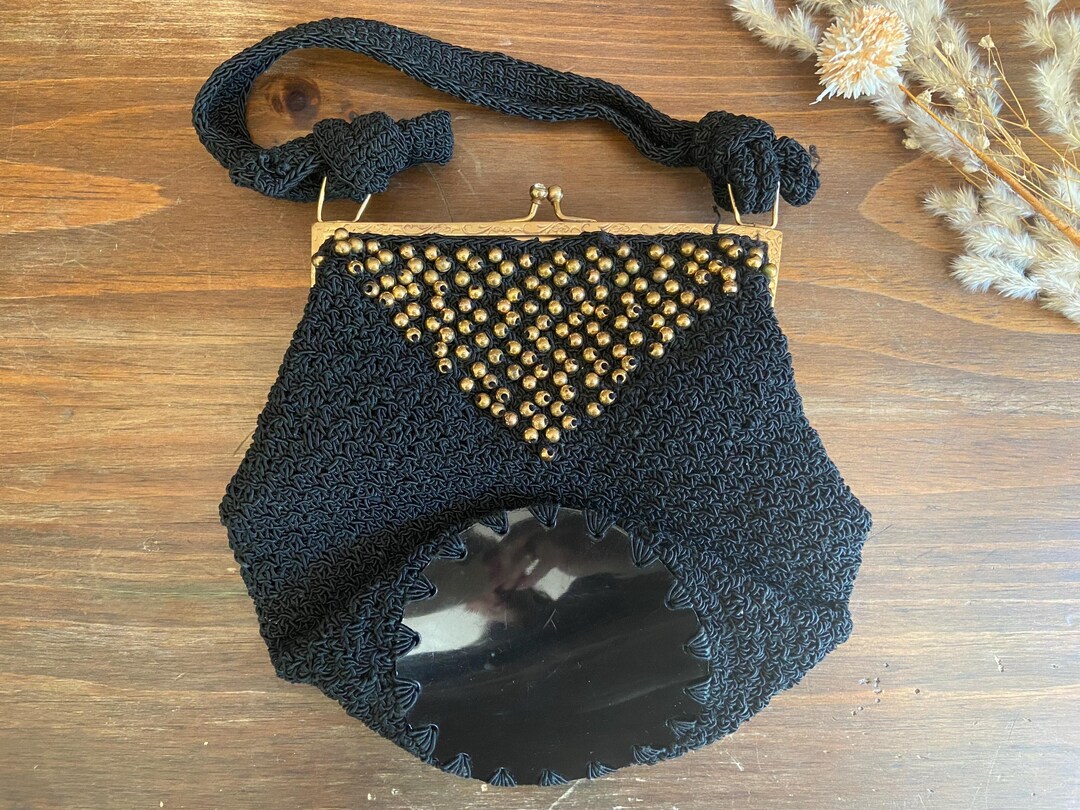 Vintage Crocheted Black Handbag With Brass Beaded Accents, Cocktail Bag ...
