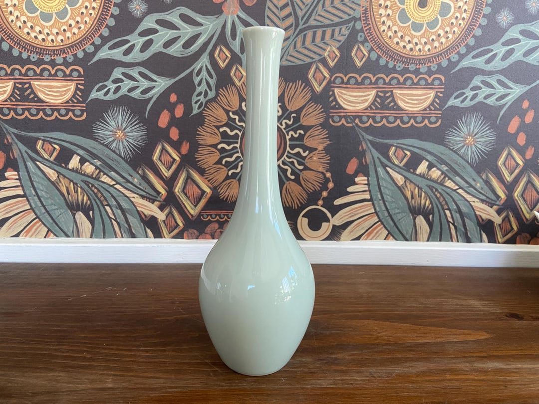 Vintage Celadon Japanese Ceramic Bud Vase, Gray Green Ceramics, Made ...
