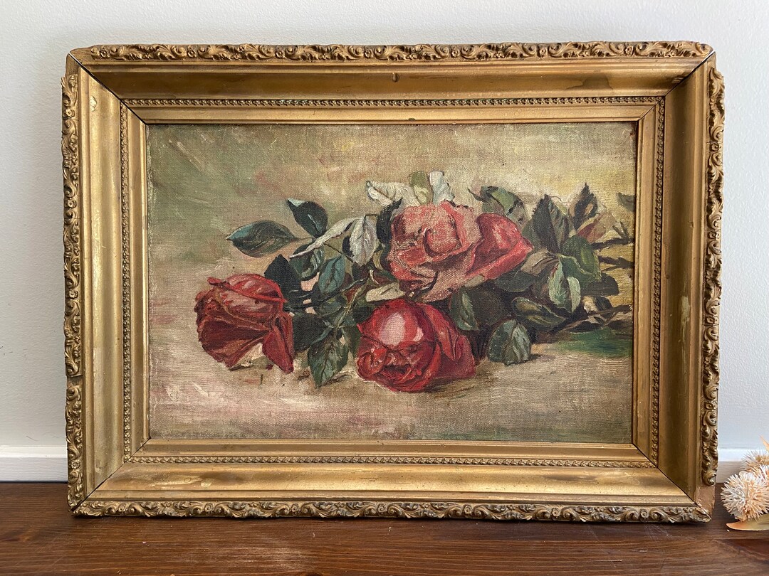 Antique Roses Oil on Canvas Painting in Giltwood Frame, 20.5x15 ...