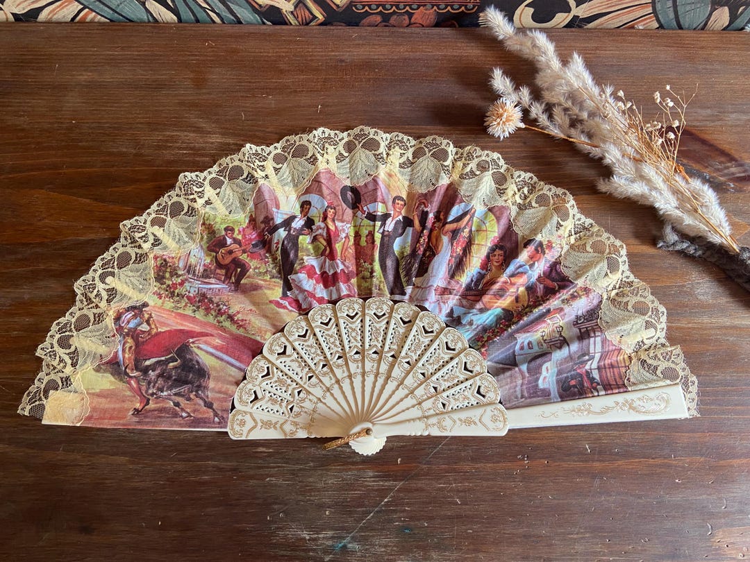 Vintage Traditional Spanish Hand Fan Fabric and Plastic Collapsible ...